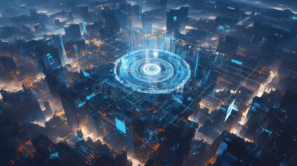 A Futuristic City with a Glowing, Circular Device in the Center Stock ...