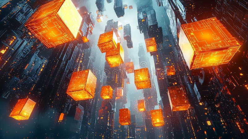Futuristic City of Glowing Cubes, Vertical Cityscape, Digital Art ...