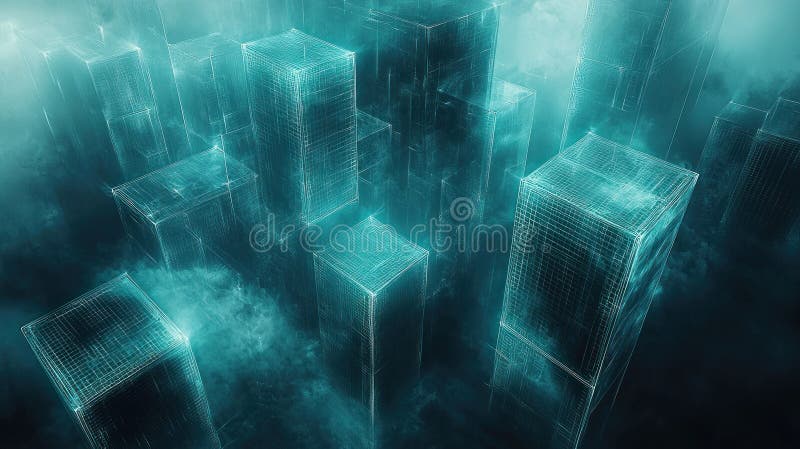 Futuristic City Glowing in Digital Mist Stock Illustration ...