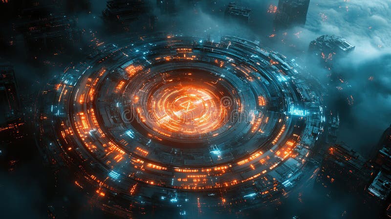 Futuristic City, Glowing Disc, Aerial View, Energy Source Stock Photo ...