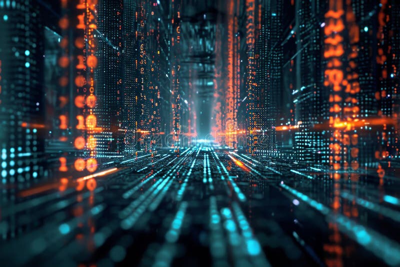 A Futuristic City with Glowing Lights and Lines, Matrix-style Code in a ...