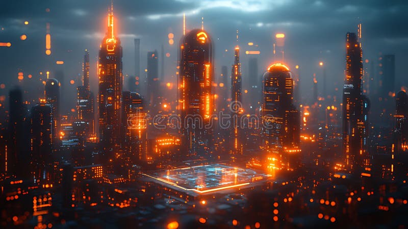 Futuristic City Glowing at Night, Digital Art, Dark Clouds Stock ...