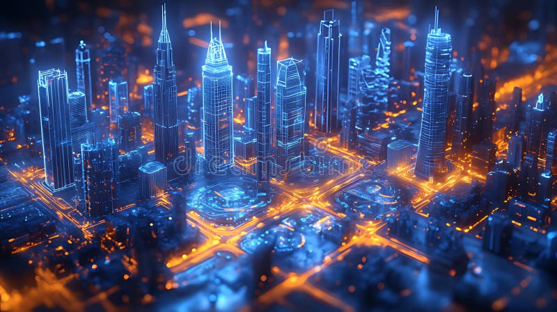 Futuristic City Glowing at Night, Digital Rendering, Urban Technology ...