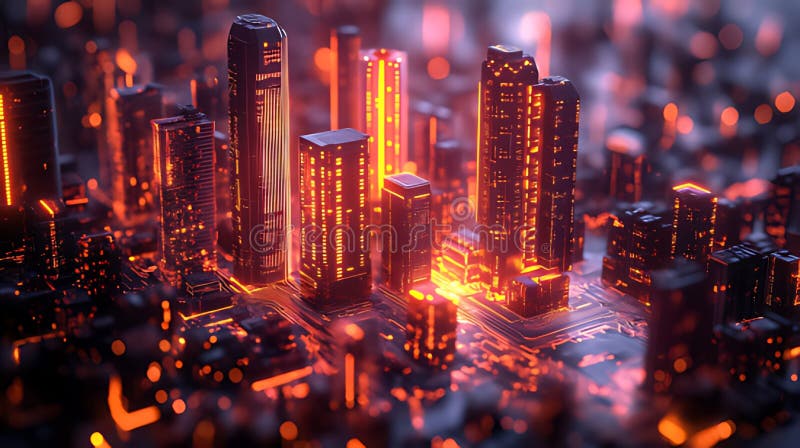 Futuristic City Glowing with Orange Light, Detailed 3D Render Stock ...