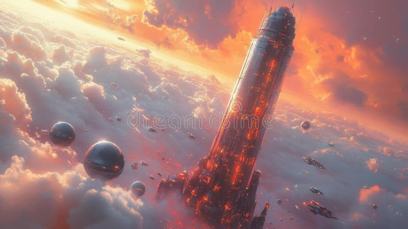 Futuristic City with Glowing Skyscraper and Spherical Flying Objects ...
