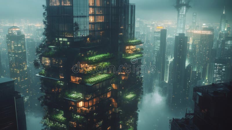 Futuristic City with Green Skyscraper at Night Stock Illustration ...