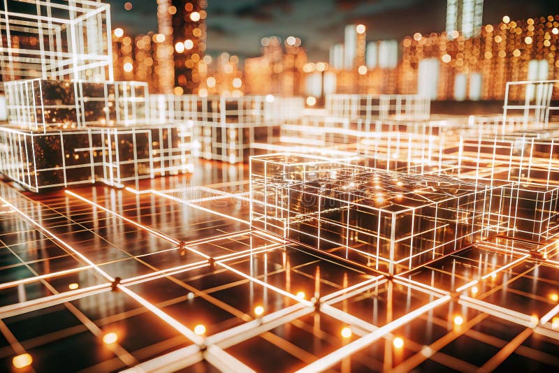 Futuristic City Grid Illuminated by Orange Lines Stock Illustration ...
