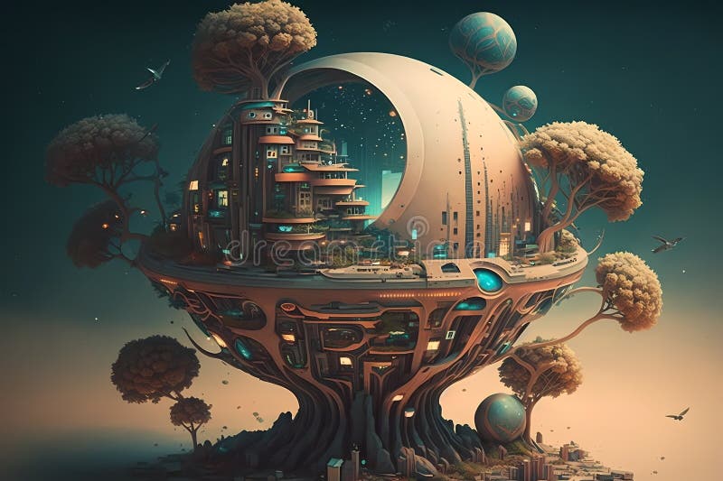Futuristic City with Growing Trees Abstract Art Illustration. Stock ...