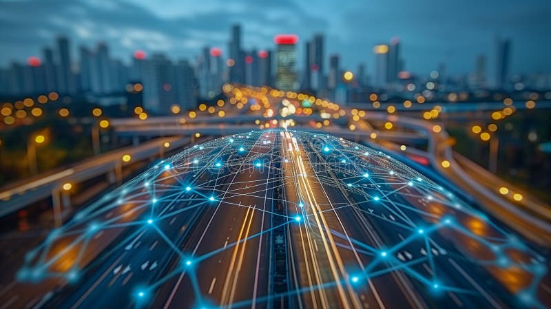 Futuristic City Highway with Digital Network Overlay Stock Illustration ...