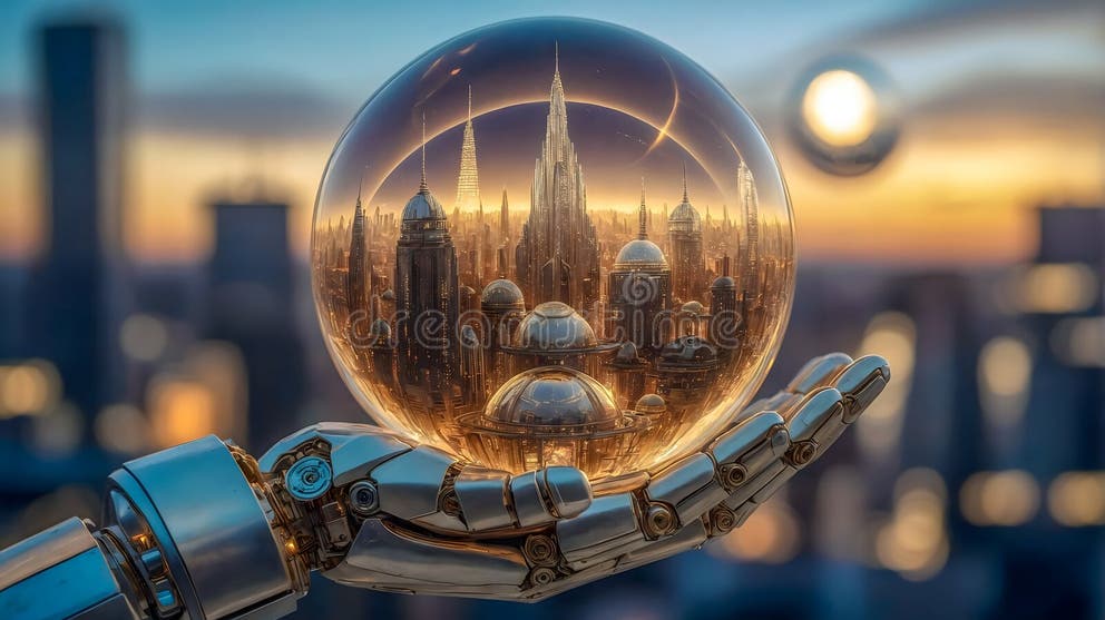 Futuristic City Inside Glass Sphere Held by Robotic Hand - Technology ...