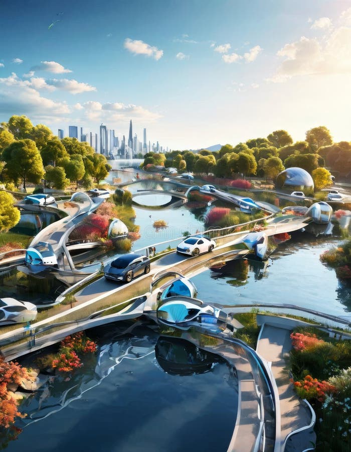 Futuristic City with Interconnected Waterways and Advanced ...