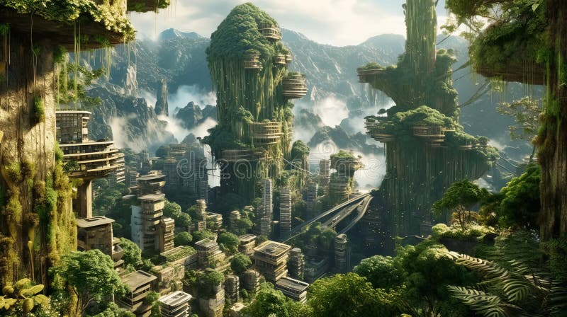 Futuristic City in the Jungle Stock Illustration - Illustration of ...