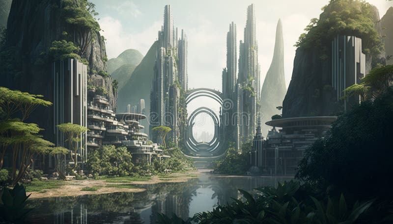 Futuristic City in the Jungle. Generative AI Stock Illustration ...