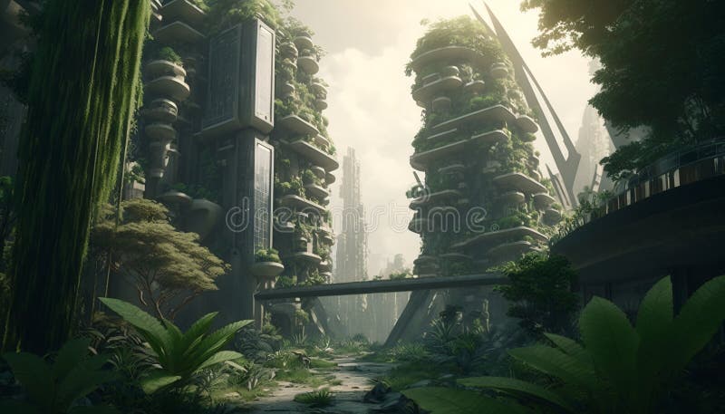 Futuristic City in the Jungle. Generative AI Stock Illustration ...