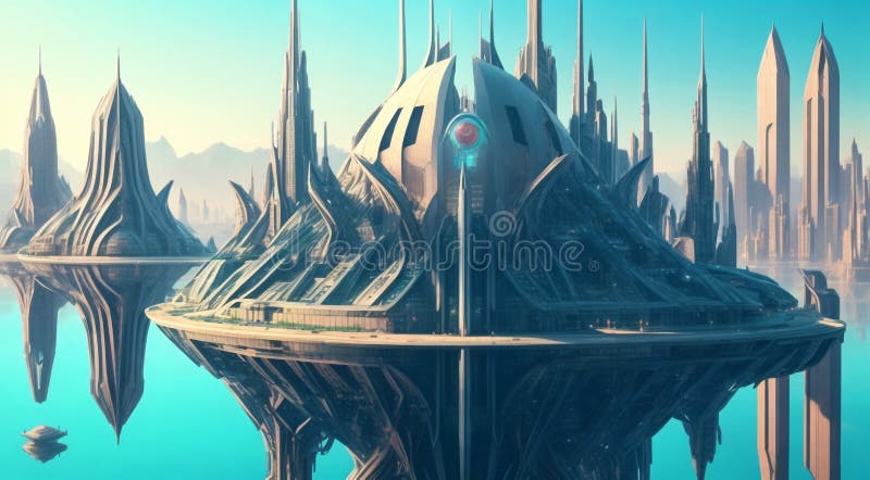 Futuristic City on the Lake, Future Town Stock Illustration ...