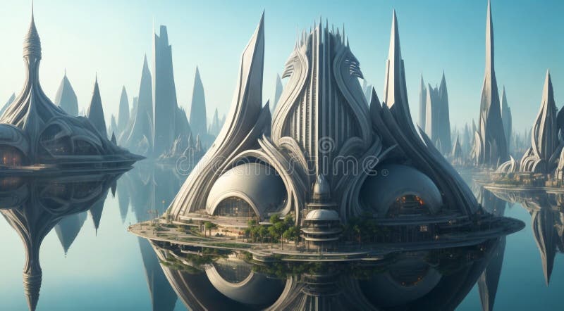 Futuristic City on the Lake, Future Town Stock Illustration ...