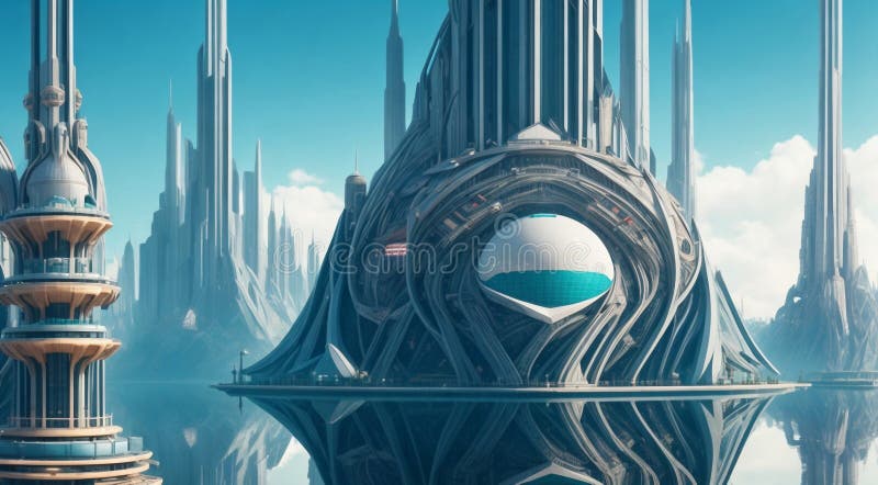 Futuristic City on the Lake, Future Town Stock Illustration ...