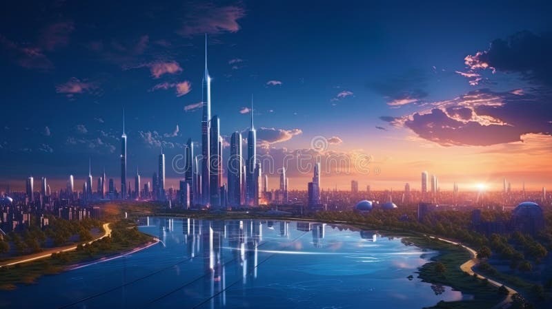 Futuristic City Landscape in the Evening Light Stock Illustration ...
