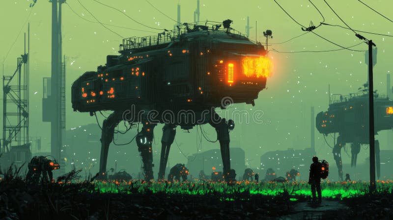 Futuristic City Landscape with Giant Robots at Night Stock Illustration ...
