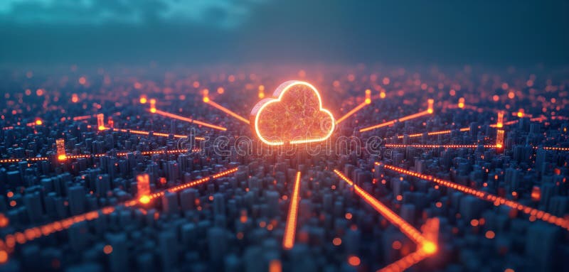 Futuristic City Landscape with Glowing Cloud Tech Concept. Network ...