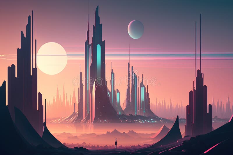 Futuristic City Landscape with Skyscrapers and Moon. Vector ...