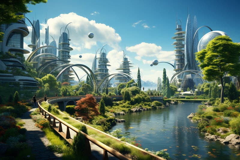 Futuristic City Landscape with Skyscrapers and River. 3d Rendering ...