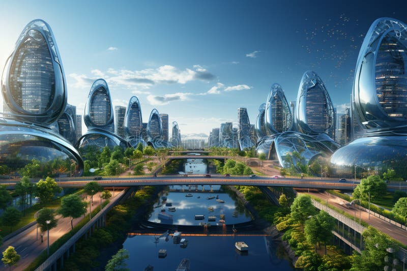 Futuristic City Landscape with Skyscrapers and River. 3d Rendering ...