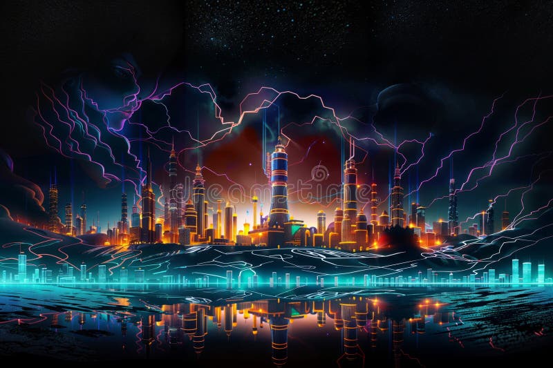 Futuristic City with Lightning on a Dark Background, Generative Ai ...