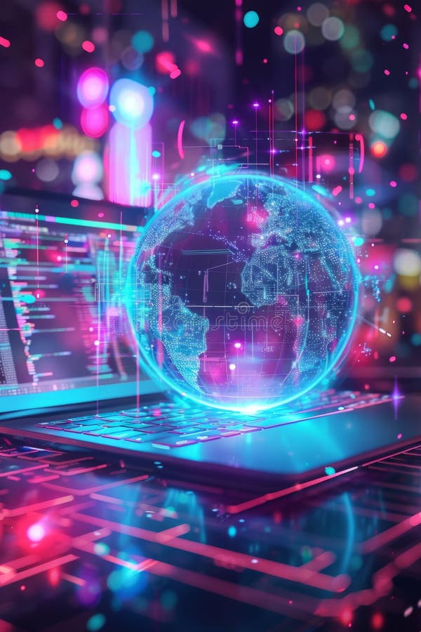 Futuristic City with Lines of Code on Laptop Screen and Hologram of ...