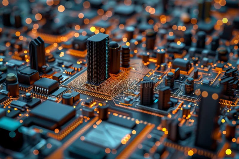 Futuristic City Made by Chip Circuits, Microscopic View of Computer ...