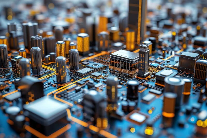 Futuristic City Made by Chip Circuits, Microscopic View of Computer ...