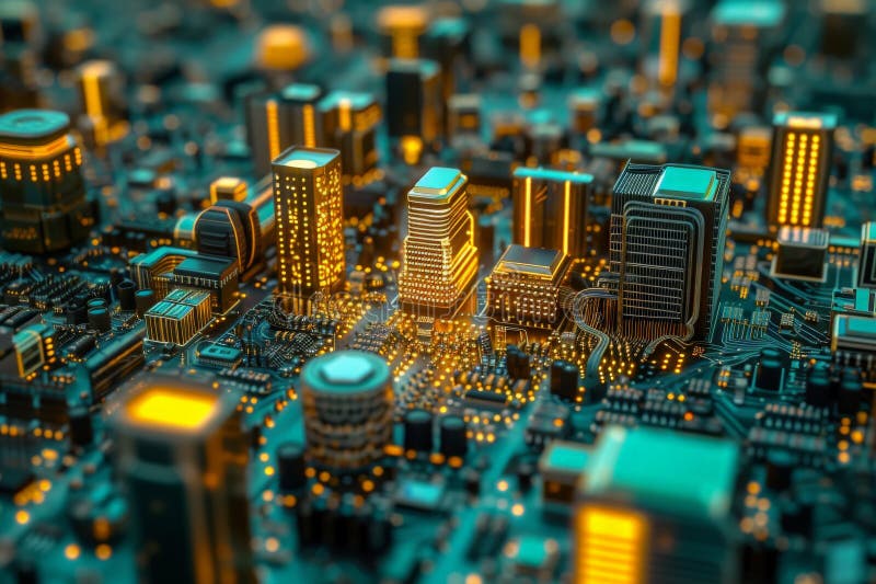 Futuristic City Made by Chip Circuits, Microscopic View of Computer ...