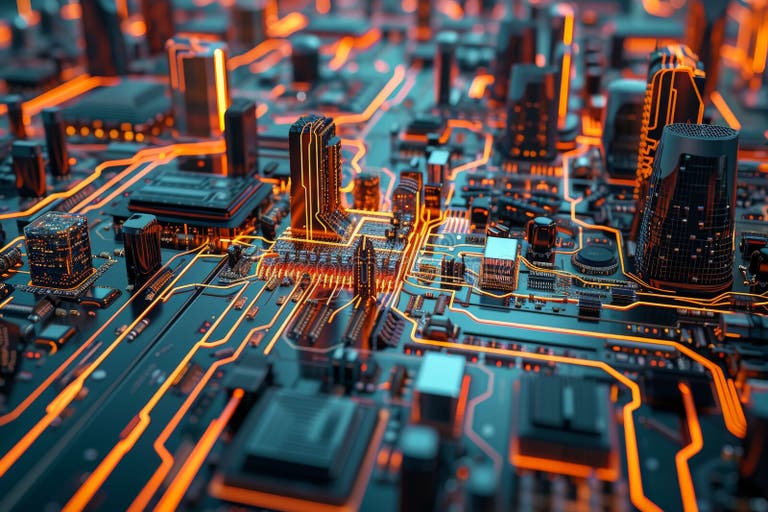 Futuristic City Made by Chip Circuits, Microscopic View of Computer ...