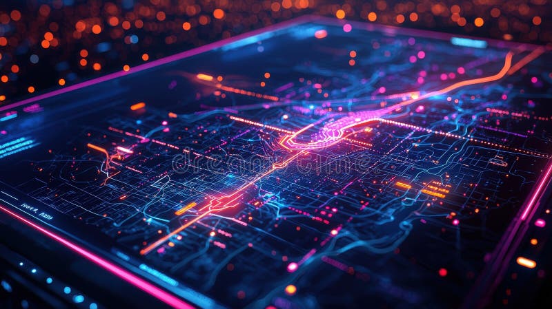Futuristic City Map Glowing with Neon Lights Stock Image - Image of ...