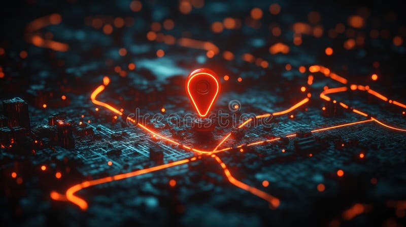 Futuristic City Map with Glowing Red Location Pin. Techy Navigation ...