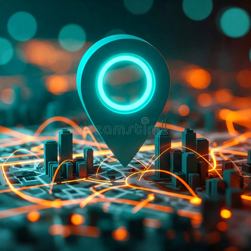 Futuristic City Map with Neon Location Pin Stock Illustration ...