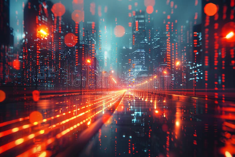 Futuristic City Map with Pixelated Traffic Flow a Digital Grid Blurs ...