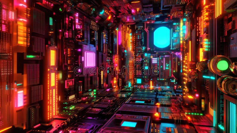 A Futuristic City with Neon Lights and a Clock Stock Illustration ...