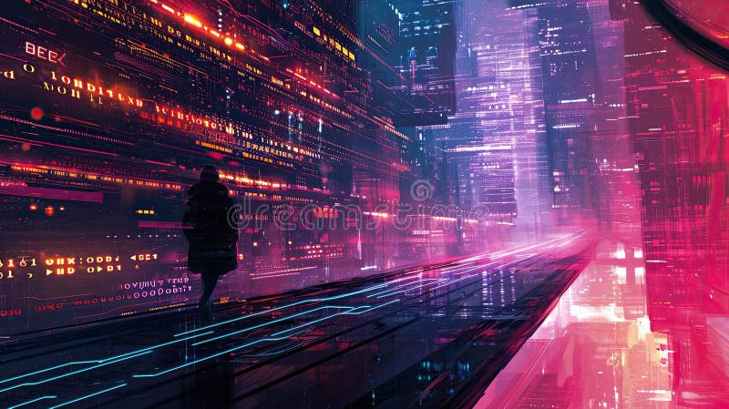 Futuristic City with Neon Lights. a Cyber Incursion, with Lines of Code ...