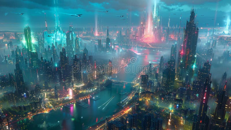 Futuristic City with Neon Lights - Generative Ai Stock Illustration ...