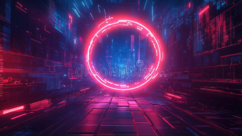 A Futuristic City with Neon Lights and a Glowing Circle, AI Stock Photo ...