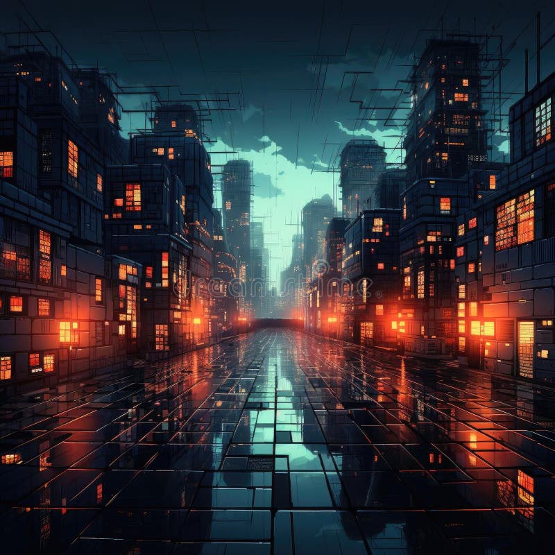 Futuristic City with Neon Lights and Grid Formations Stock Illustration ...