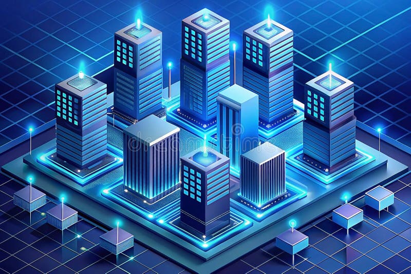 Futuristic City Network Digital Architecture Glowing Isometric Stock ...
