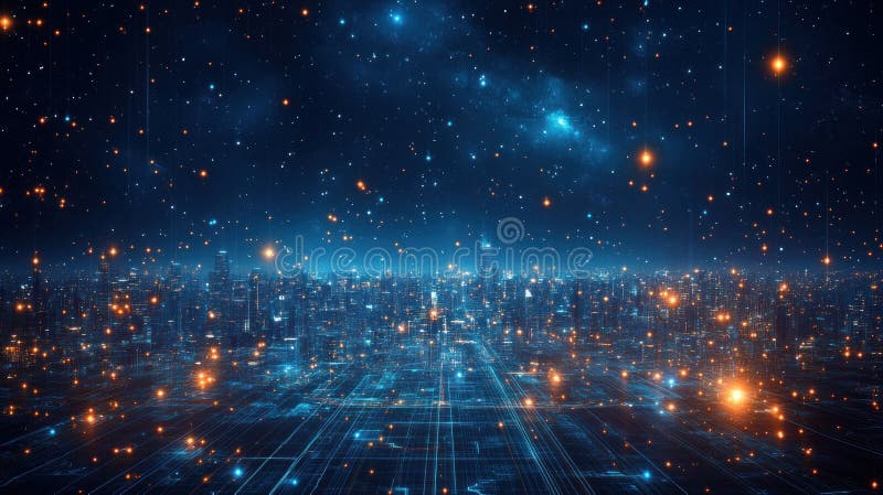 Futuristic City Network at Night with Digital Light Trails Stock Photo ...