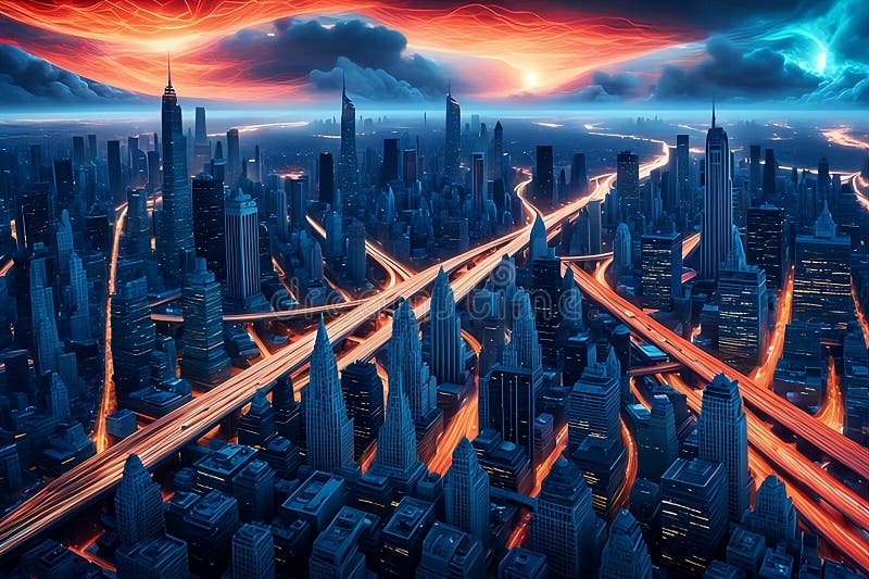 Futuristic City Neural Network Dreamscape - Saturated Space Style Stock ...