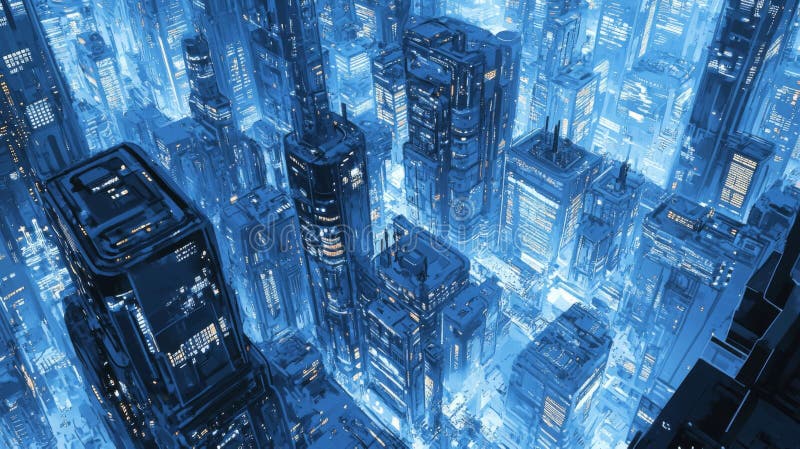 Futuristic City at Night: Blue and Glowing Skyscrapers Stock ...