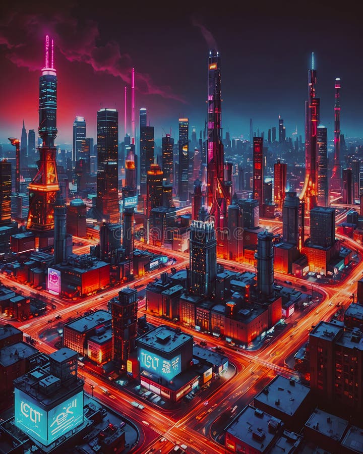 A City Skyline with a Red Light in the Middle. Stock Illustration ...