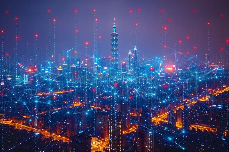 Futuristic City at Night with Digital Connection Lines. Generative AI ...