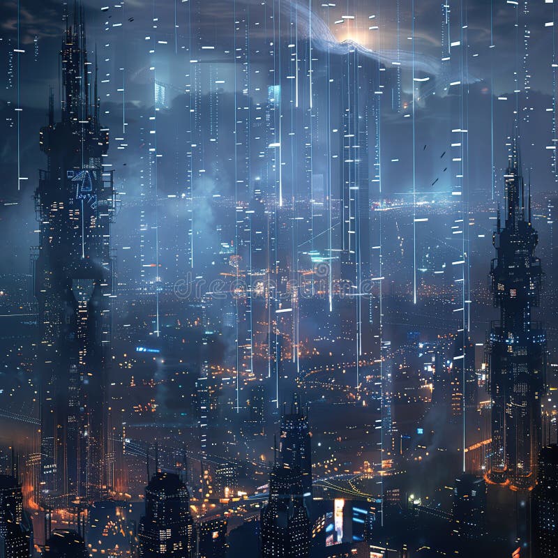 Futuristic City at Night with Digital Rain Stock Illustration ...