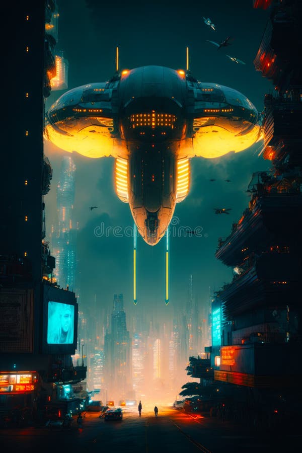 Futuristic City at Night with Futuristic Flying Saucer in the ...